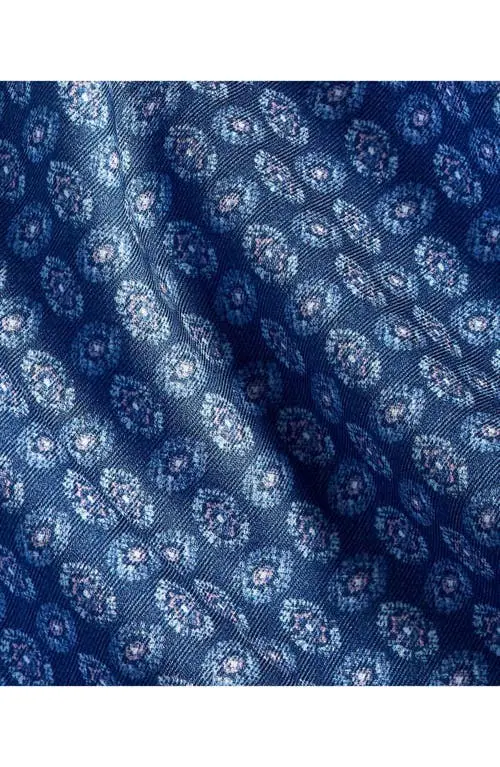 David Donahue Neat Print Short Sleeve Cotton Button-up Shirt - Navy