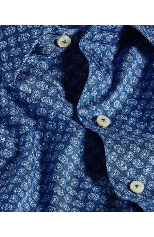 David Donahue Neat Print Short Sleeve Cotton Button-up Shirt - Navy