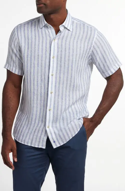 David Donahue Stripe Short Sleeve Slub Linen Button-up Shirt - White/blue