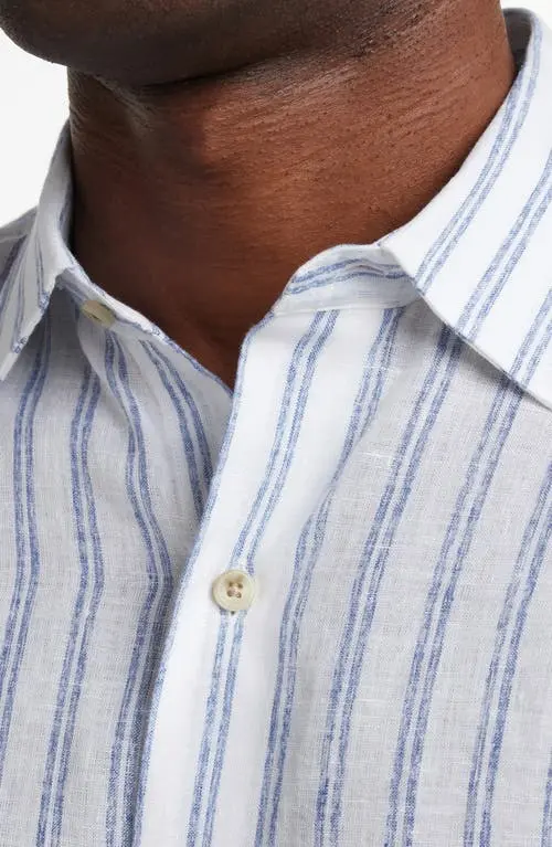 David Donahue Stripe Short Sleeve Slub Linen Button-up Shirt - White/blue