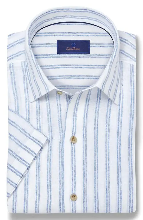 David Donahue Stripe Short Sleeve Slub Linen Button-up Shirt - White/blue