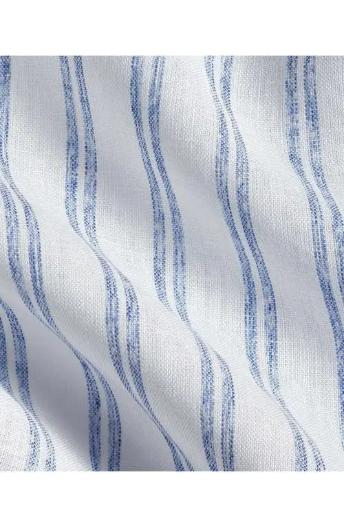 David Donahue Stripe Short Sleeve Slub Linen Button-up Shirt - White/blue