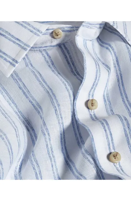 David Donahue Stripe Short Sleeve Slub Linen Button-up Shirt - White/blue