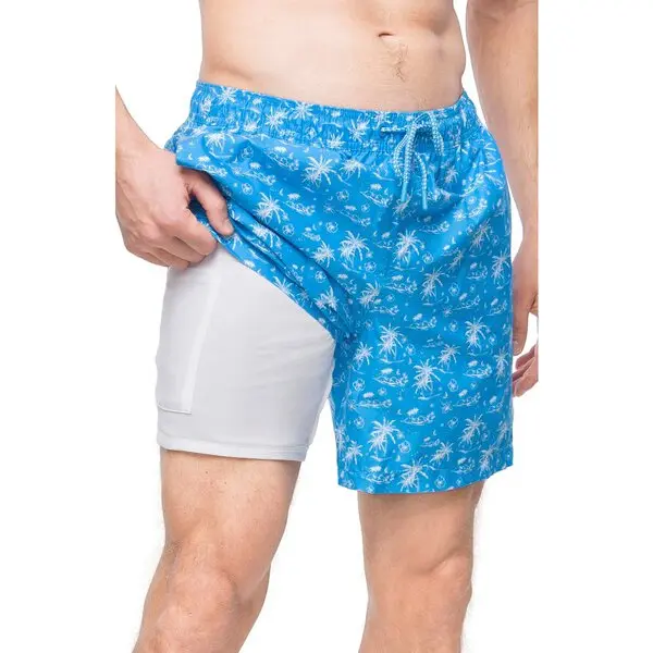 ROKKA&ROLLA 7" Compression Lined Swim Trunks - Blue Tropical Print