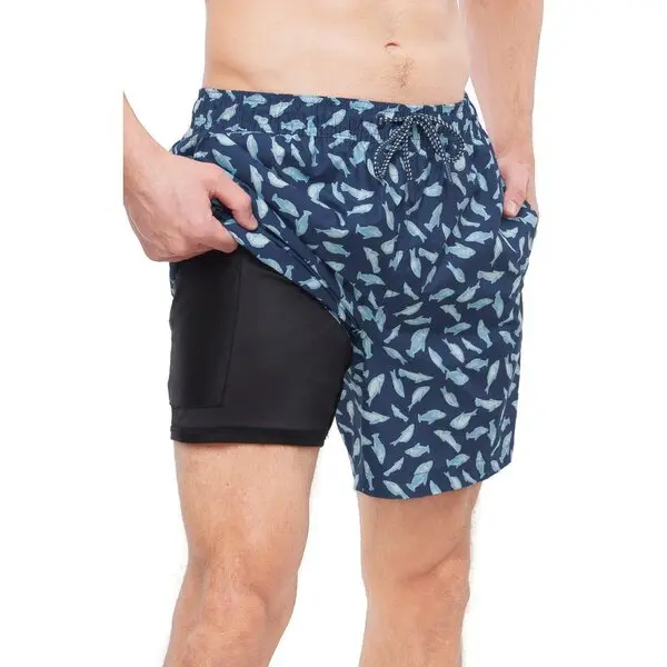 ROKKA&ROLLA 7" Compression Lined Swim Trunks - Ocean Navy Print