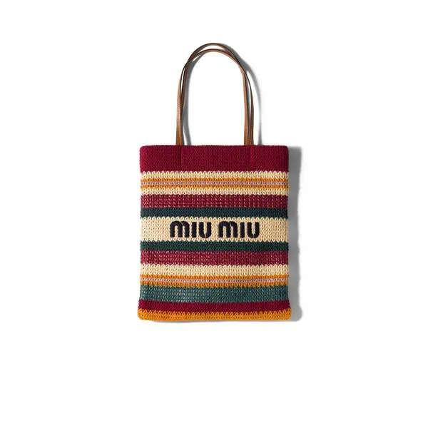 Miu Miu Raffia-effect Woven Tote Bag - Bordeaux/teal/natural