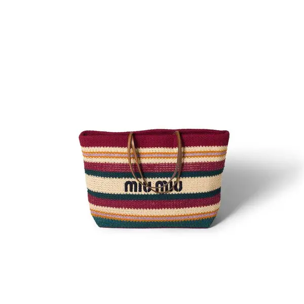 Miu Miu Raffia-effect Woven Tote - Bordeaux/teal/natural