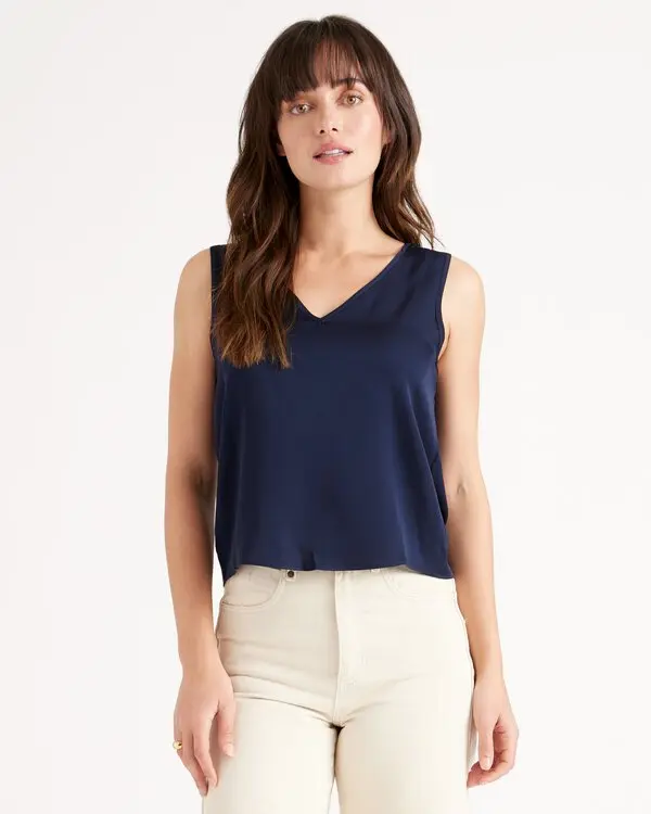 Quince 100% Washable Silk Stretch Tank Top - Navy