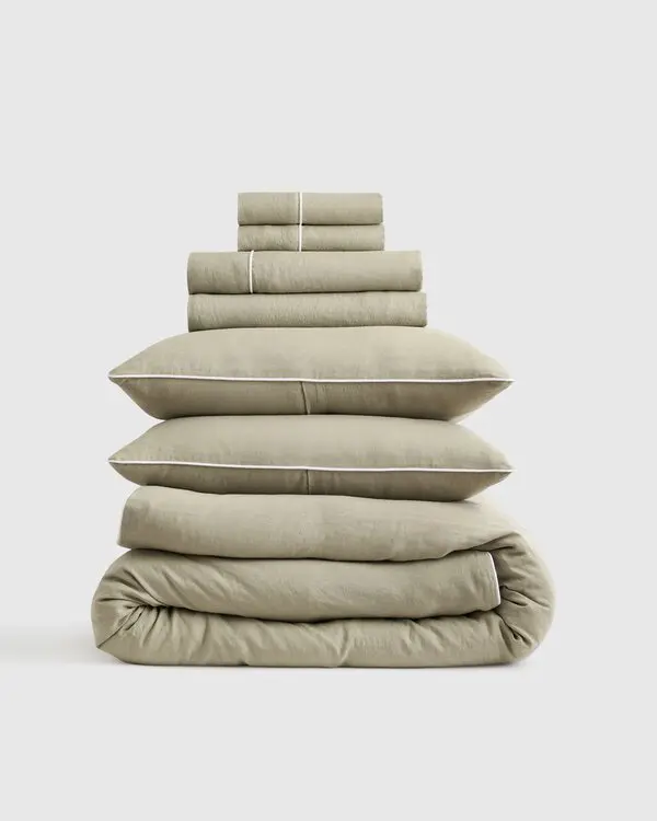 Quince European Linen Piped Deluxe Bedding Bundle - Willowleaf/white