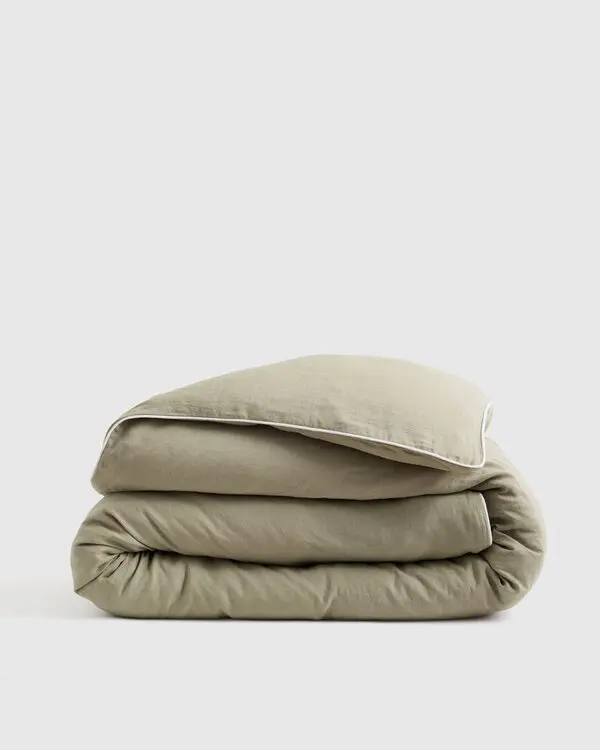 Quince European Linen Piped Deluxe Bedding Bundle - Willowleaf/white