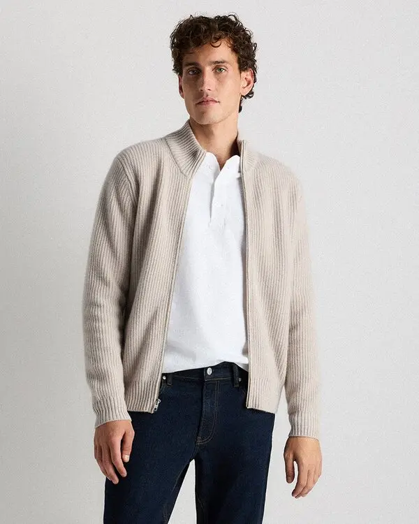 Quince Mongolian Cashmere Fisherman Full Zip Sweater - Heather Cloud Beige