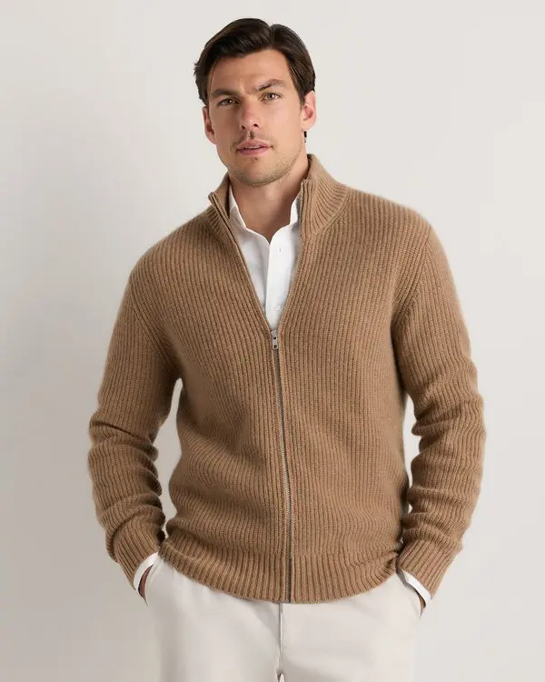 Quince Mongolian Cashmere Fisherman Full Zip Sweater - Teak