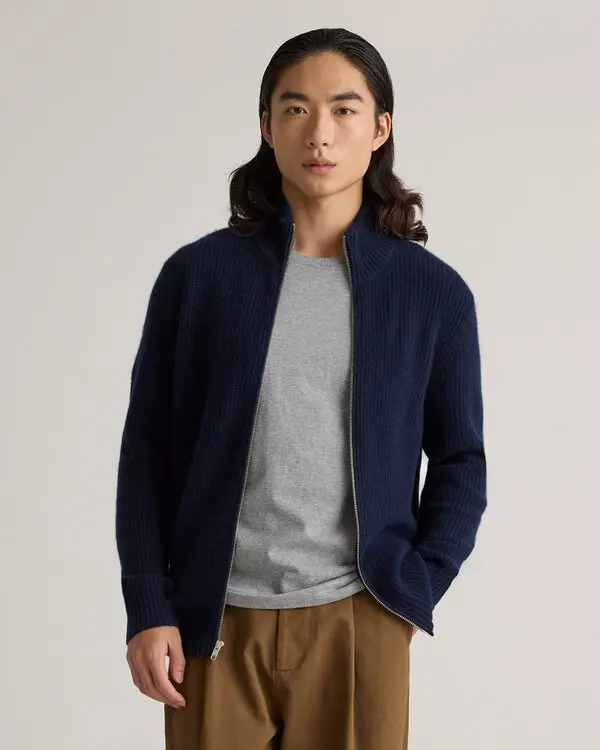 Quince Mongolian Cashmere Fisherman Full Zip Sweater - True Navy