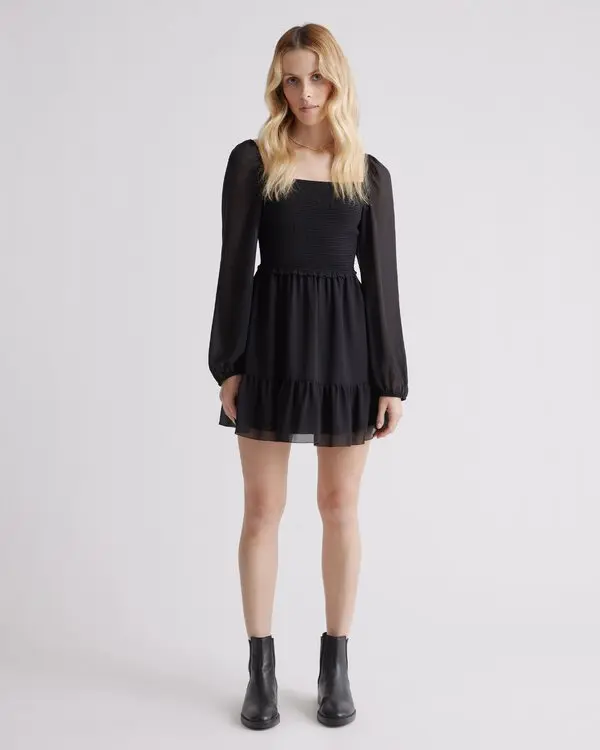 Quince Chiffon Smocked Mini Dress - Black