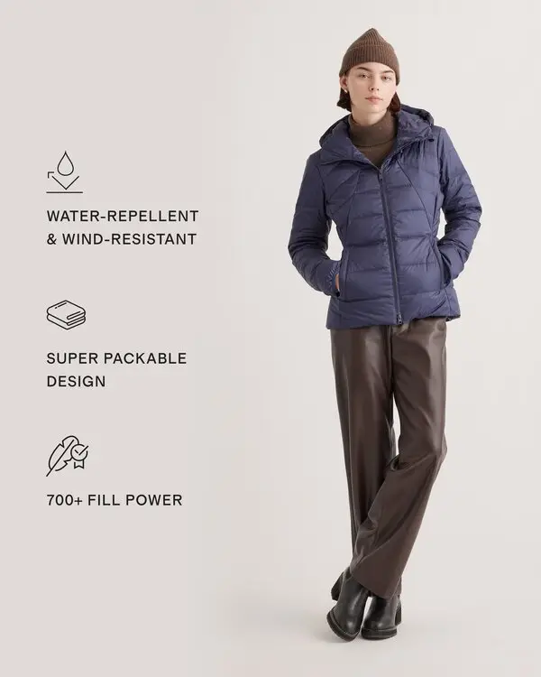 Quince Lightweight Packable Down Puffer Hooded Jacket - Navy