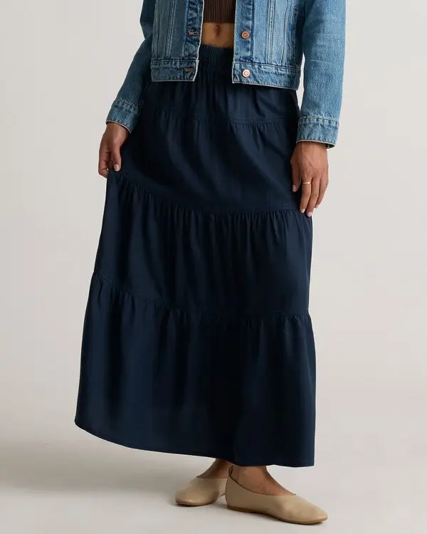 Quince Vintage Wash Tencel Tiered Maxi Skirt - Midnight Blue