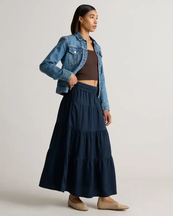 Quince Vintage Wash Tencel Tiered Maxi Skirt - Midnight Blue