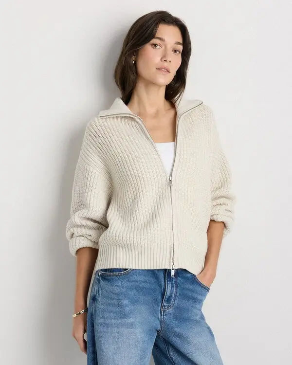Quince Australian Merino Wool Full Zip Sweater - Heather Bone