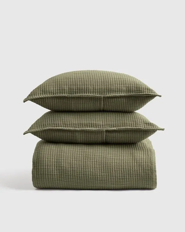 Quince Organic Ribbed Cotton Coverlet Set - Olive