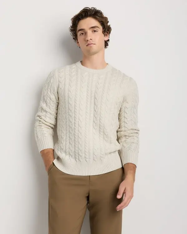 Quince Australian Merino Wool Cable Crewneck Sweater - Heather Bone