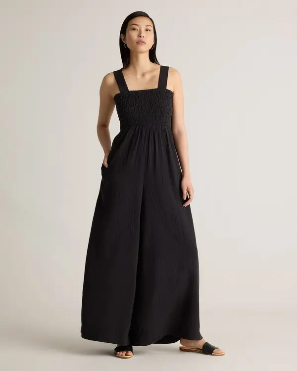 Quince Organic Cotton Gauze Smocked Wide Leg Jumpsuit - Black