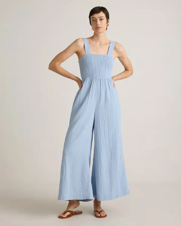 Quince Organic Cotton Gauze Smocked Wide Leg Jumpsuit - Ocean Breeze