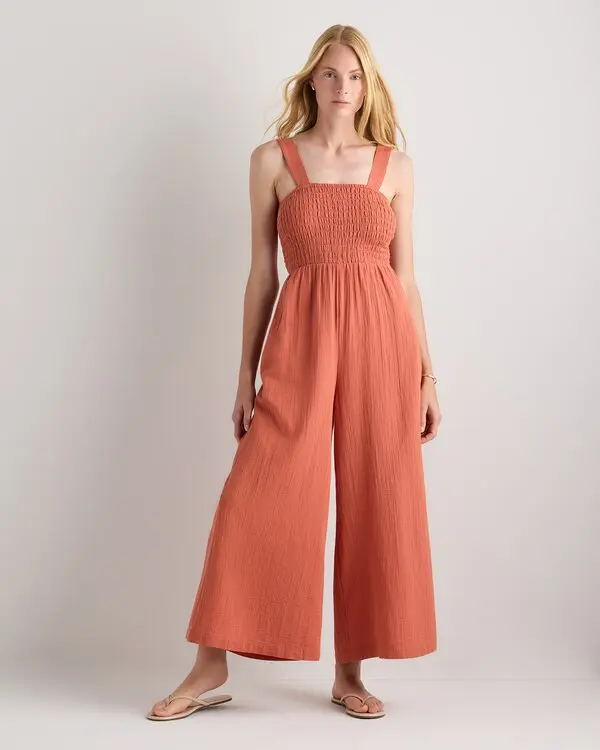 Quince Gauze Smocked Wide Leg Jumpsuit - Spiced Orange