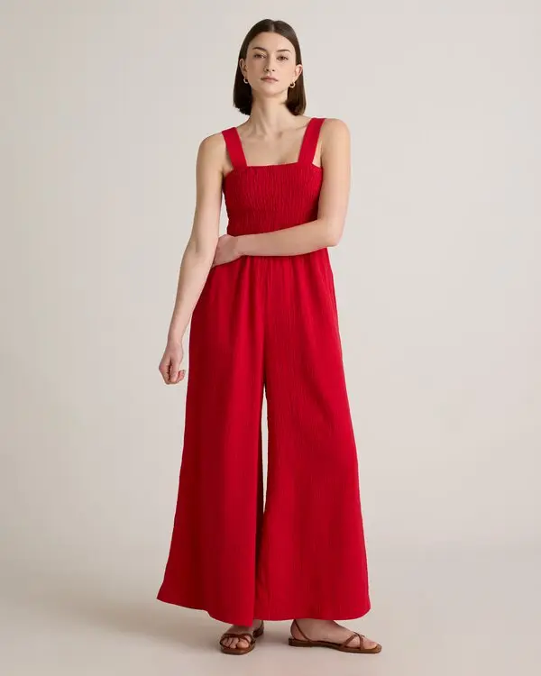Quince Organic Cotton Gauze Smocked Wide Leg Jumpsuit - Wild Cherry