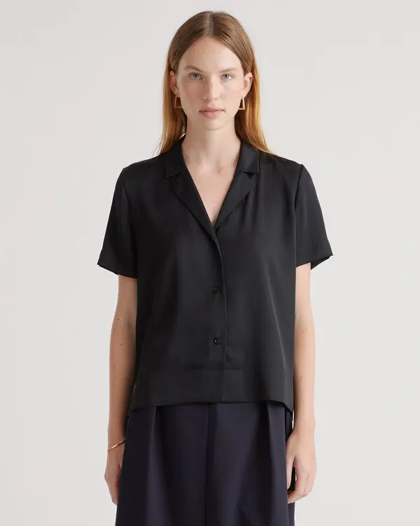 Quince Washable Stretch Silk Short Sleeve Blouse - Black