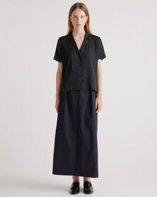 Quince Washable Stretch Silk Short Sleeve Blouse - Black