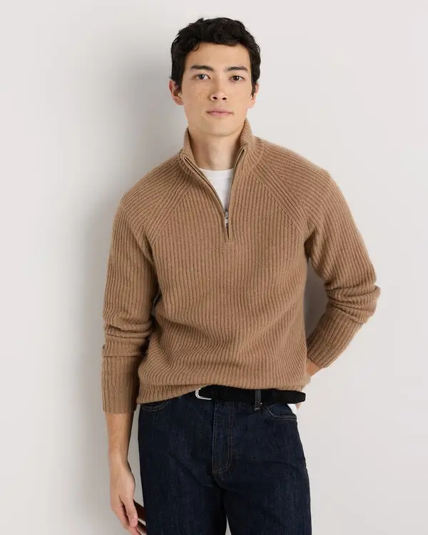 Quince Mongolian Cashmere Fisherman Quarter Zip Sweater - Teak