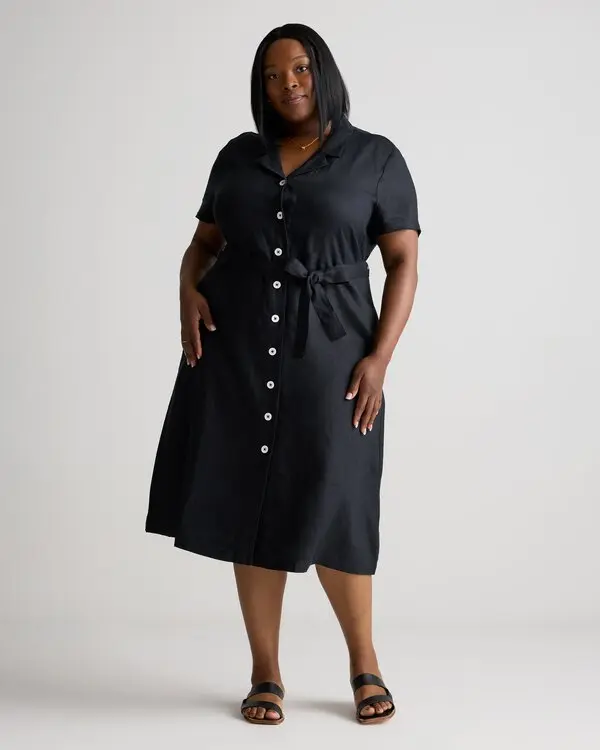 Quince 100% European Linen Button Front Midi Dress - Black