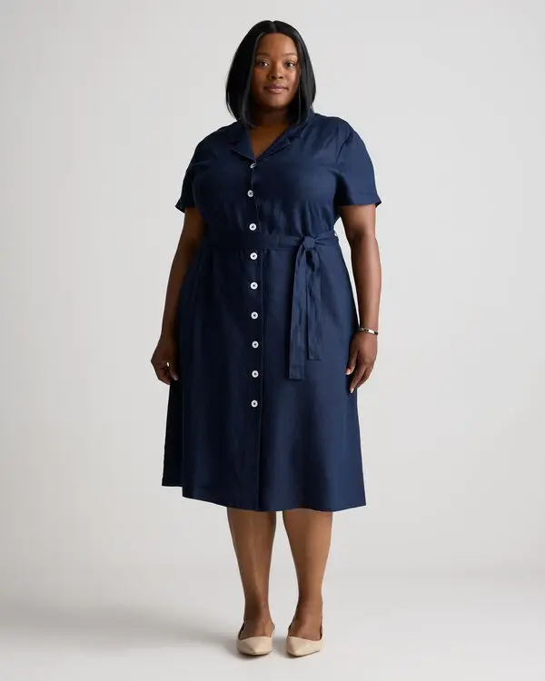 Quince 100% European Linen Button Front Midi Dress - Deep Navy