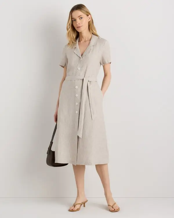 Quince 100% European Linen Button Front Midi Dress - Flax