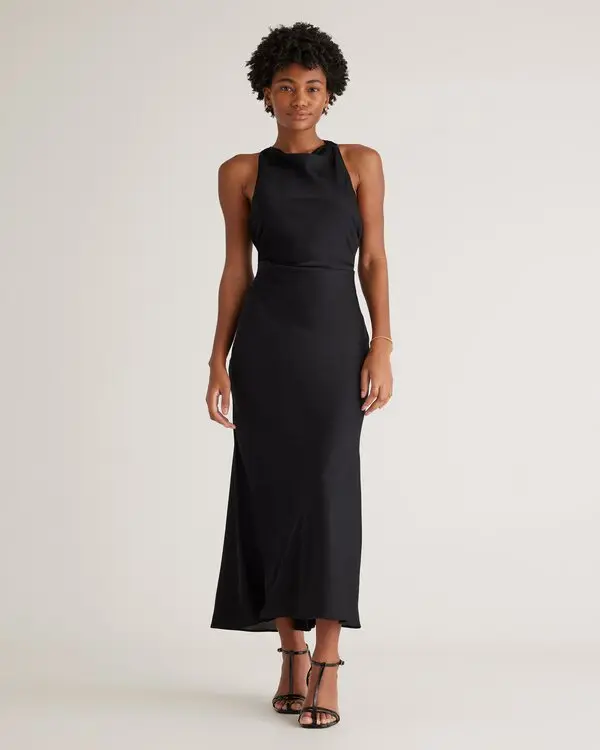 Quince Washable Stretch Silk High Neck Midi Dress - Black
