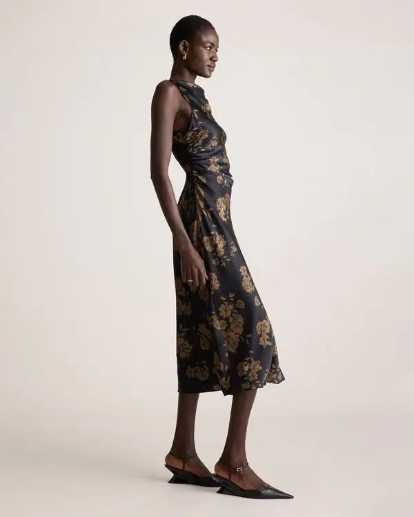 Quince Washable Stretch Silk High Neck Midi Dress - Caper Eclipse
