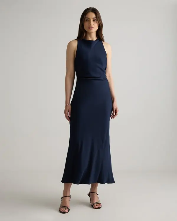 Quince Washable Stretch Silk High Neck Midi Dress - Navy