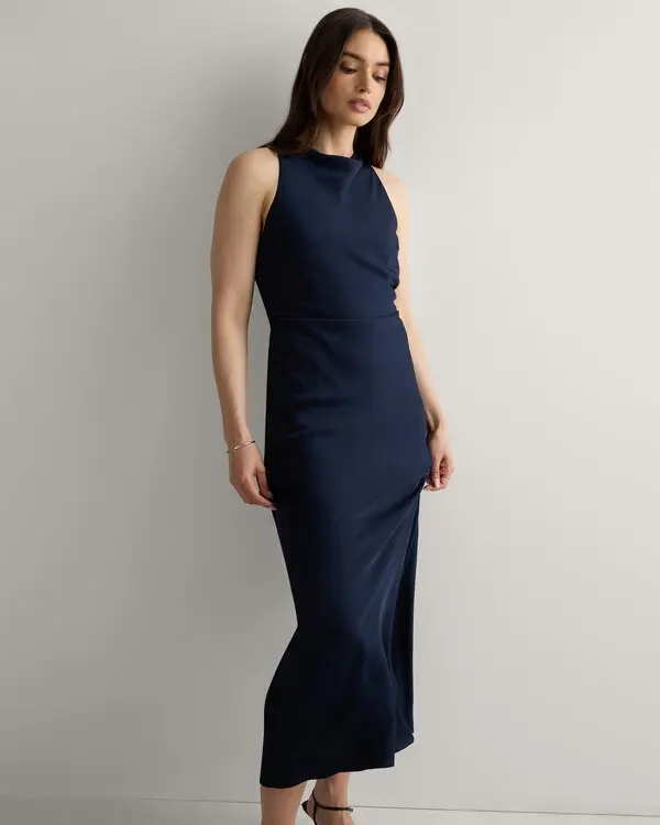 Quince Washable Stretch Silk High Neck Midi Dress - Navy
