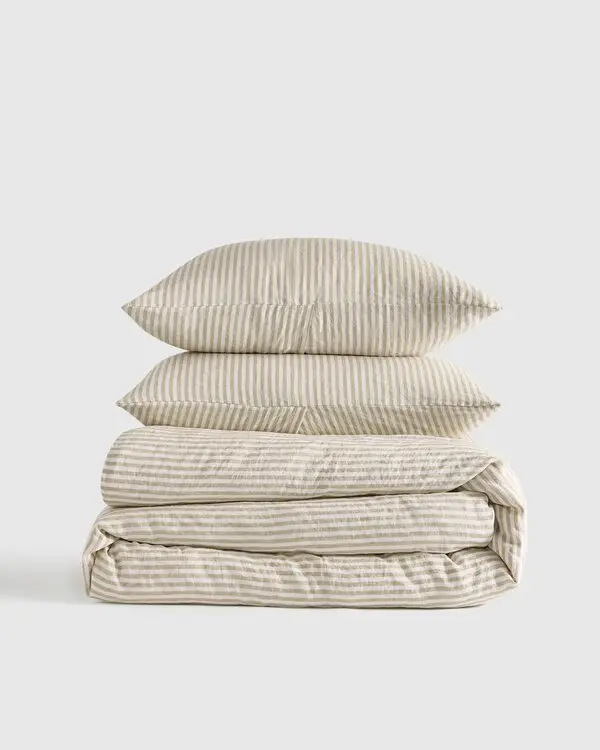 Quince European Linen Duvet Cover Set - Willowleaf/white Stripe