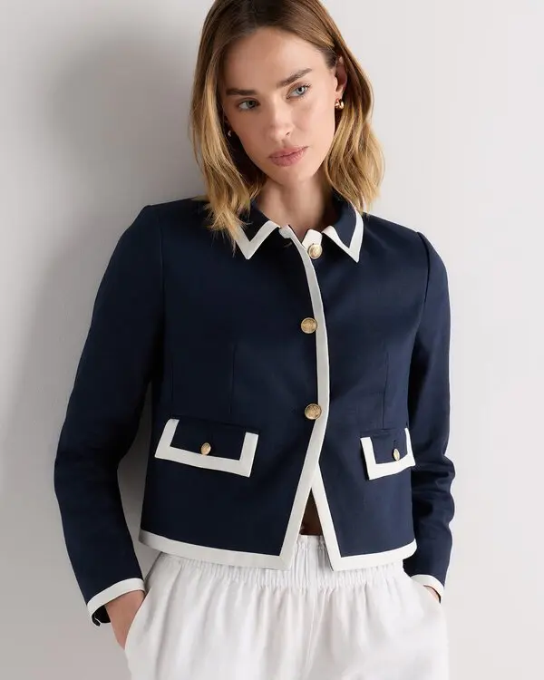 Quince European Stretch Linen Cropped Lady Jacket - Deep Navy/ivory