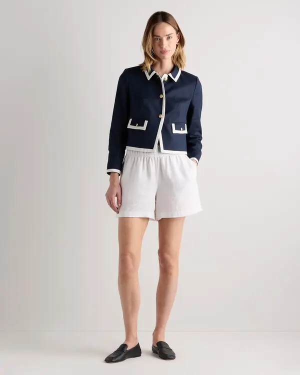 Quince European Stretch Linen Cropped Lady Jacket - Deep Navy/ivory