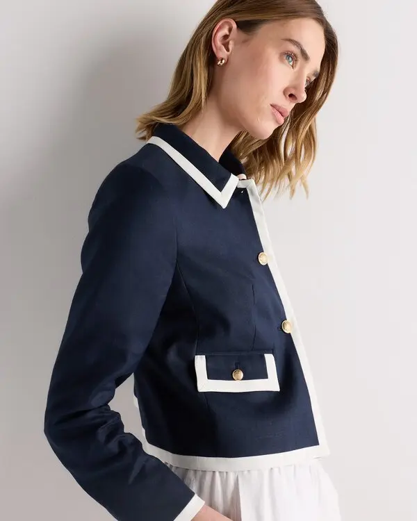 Quince European Stretch Linen Cropped Lady Jacket - Deep Navy/ivory