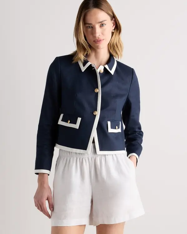 Quince European Stretch Linen Cropped Lady Jacket - Deep Navy/ivory