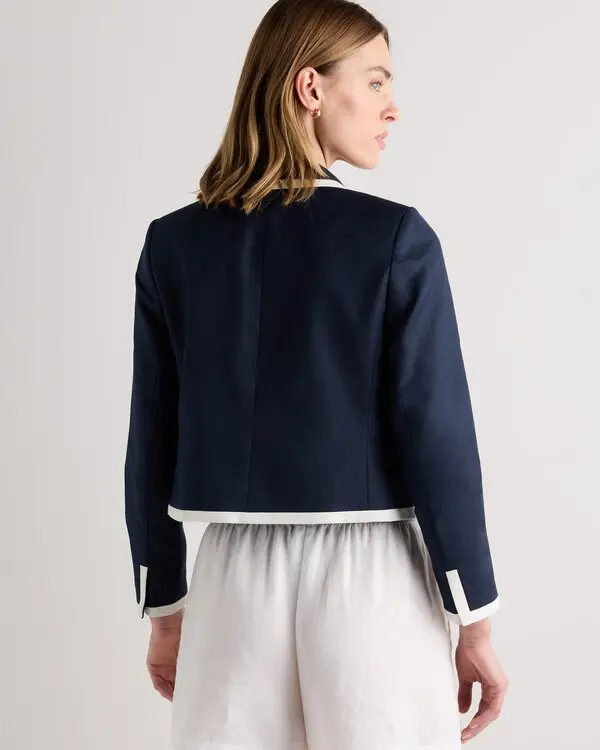 Quince European Stretch Linen Cropped Lady Jacket - Deep Navy/ivory