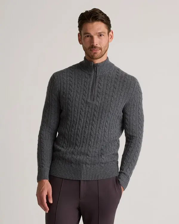 Quince Baby Cashmere Cable Quarter Zip Sweater - Heather Pewter