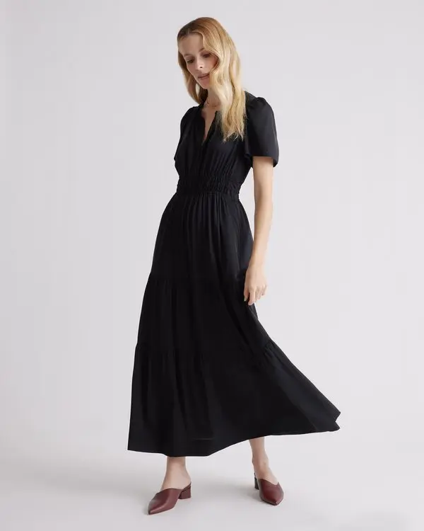 Quince Washable Stretch Silk Tiered Maxi Dress - Black