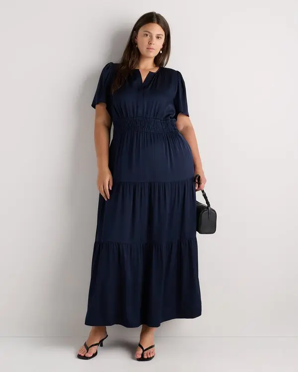 Quince Washable Stretch Silk Tiered Maxi Dress - Navy