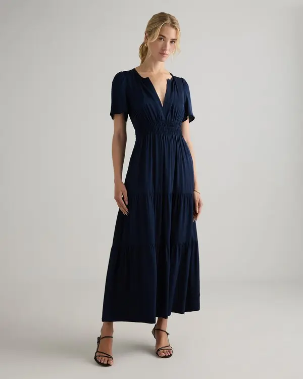 Quince Washable Stretch Silk Tiered Maxi Dress - Navy