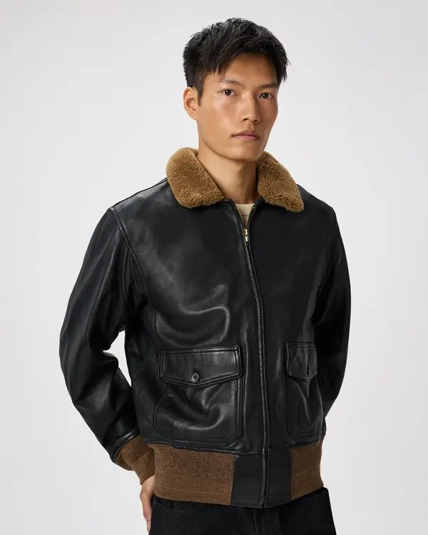 Quince Shearling Collar Leather Flight Jacket - True Black