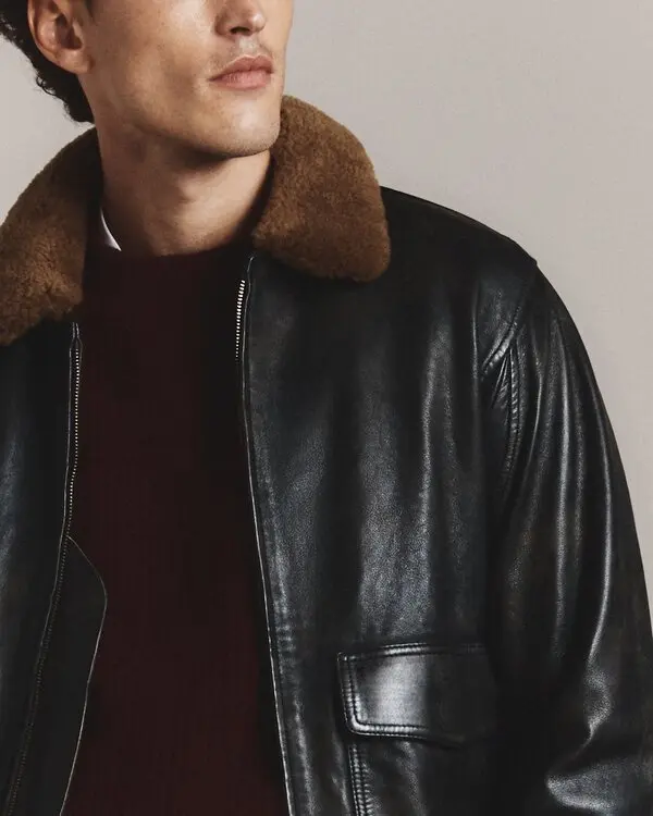 Quince Shearling Collar Leather Flight Jacket - True Black